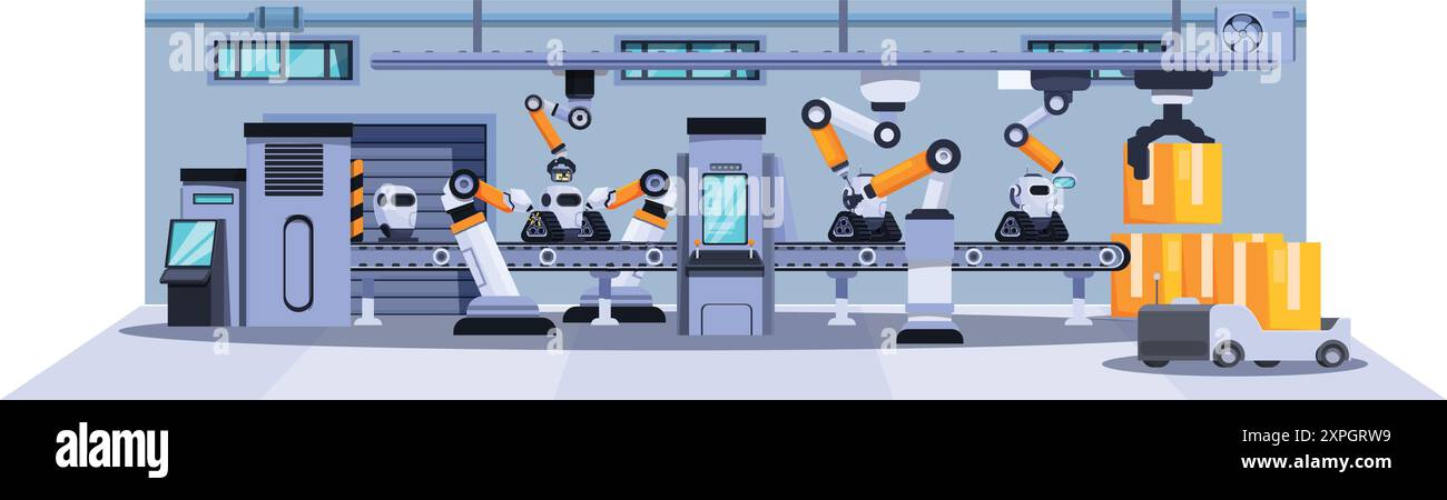 Automated production line with robot arms building, carrying, and ...