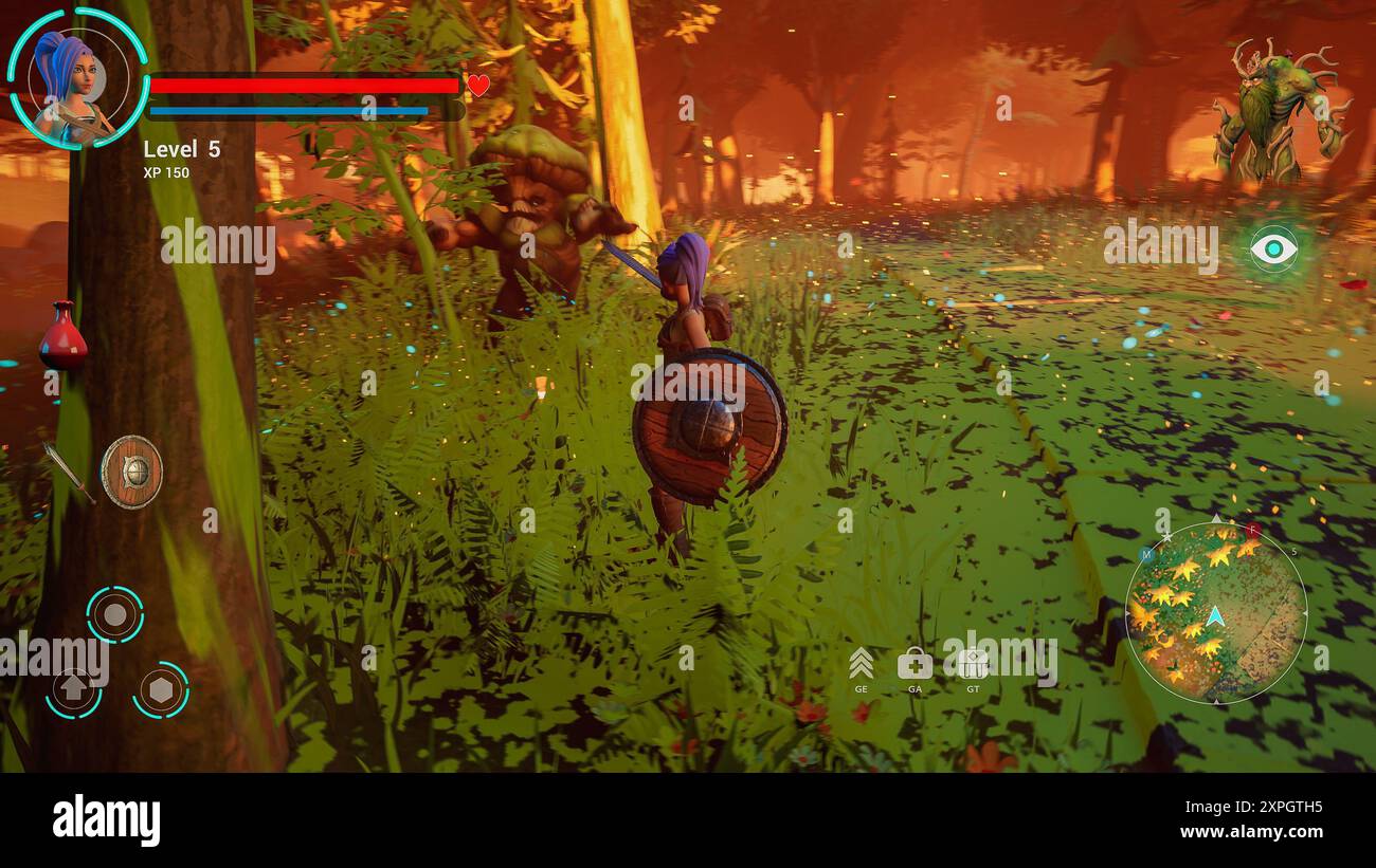 Video Game Mock-up Screen with Beautiful Sunset Scenery: Gameplay of 3D Fantasy Adventure RPG ...