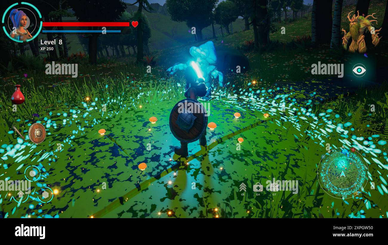 Night Video Game Mockup: Playable Character in Videogame World. 3D ...