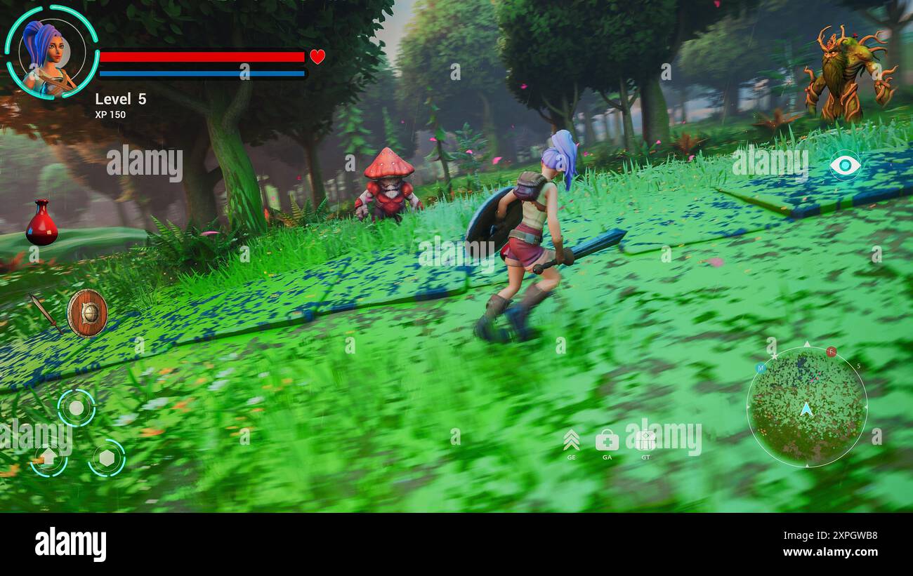 Video Game Mock-Up Screen: Gameplay of 3D Open World Sandbox Fantasy Video Game. Footage of RPG ...