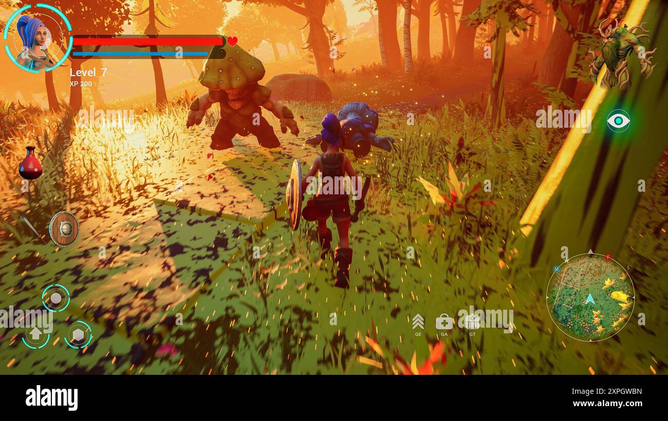 Video Game Mock-up Screen with Beautiful Sunset Scenery: Gameplay of 3D ...