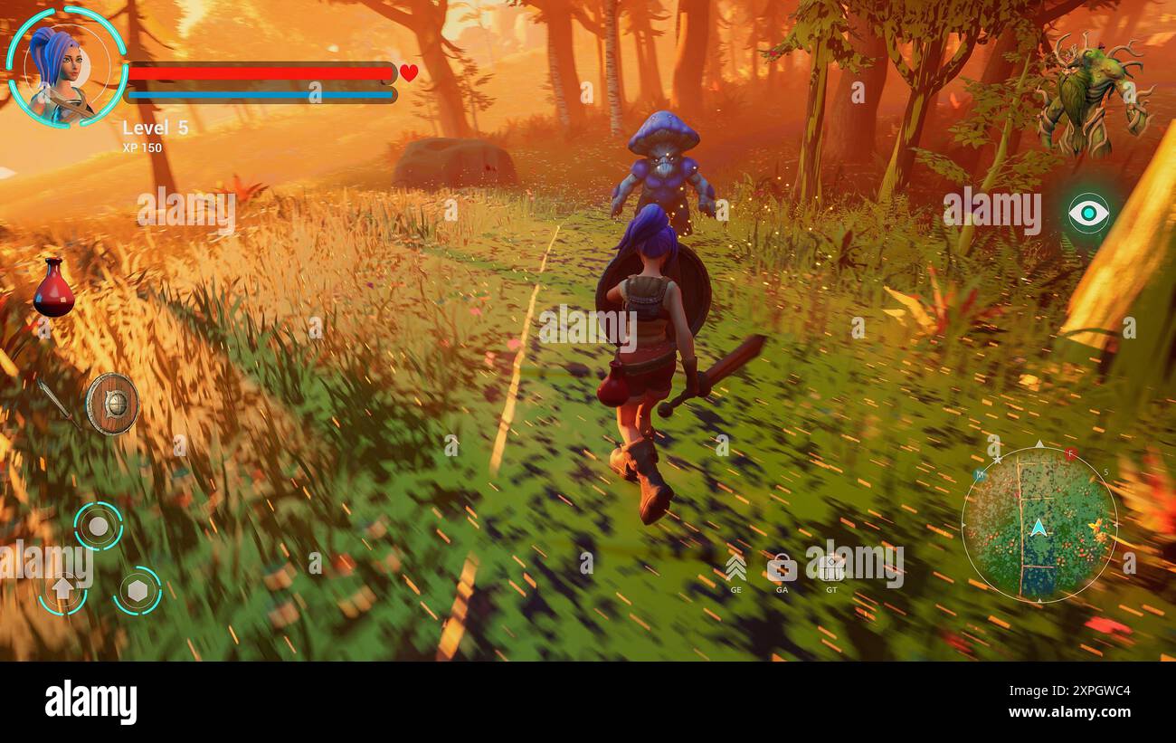 Video Game Mock-up Screen with Beautiful Sunset Scenery: Gameplay of 3D Fantasy Adventure RPG ...