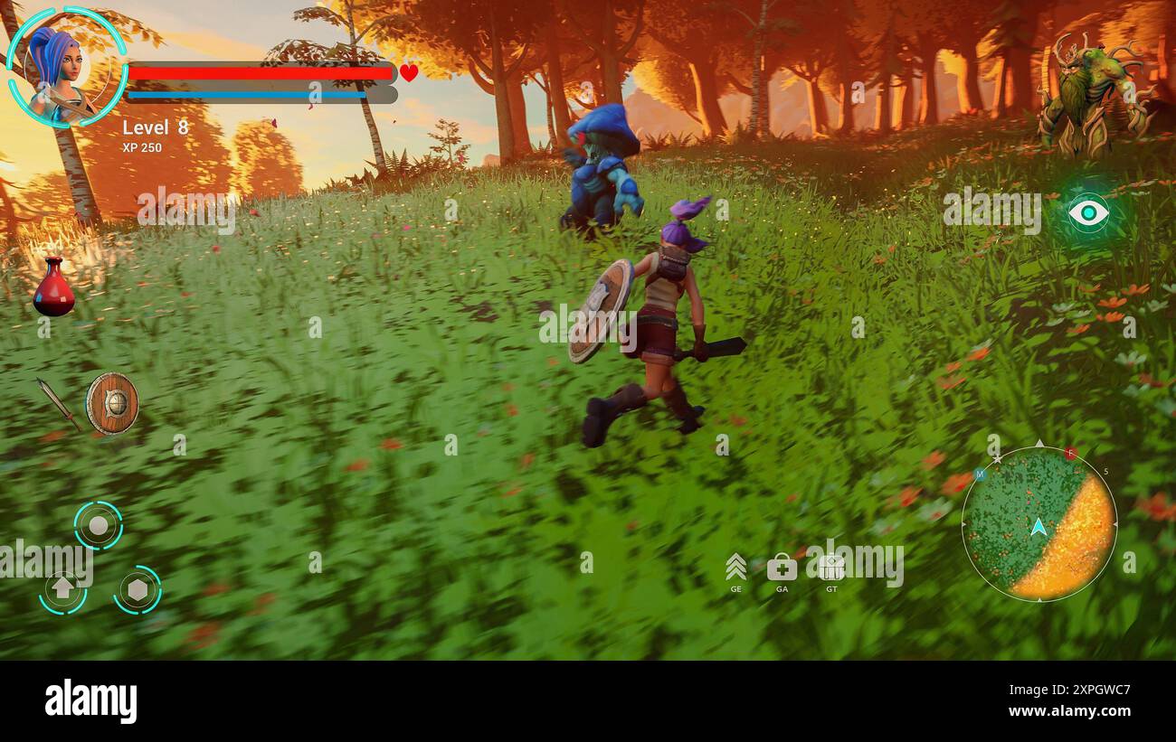 Video Game Mock-up Screen with Beautiful Sunset Scenery. Gameplay of 3D ...