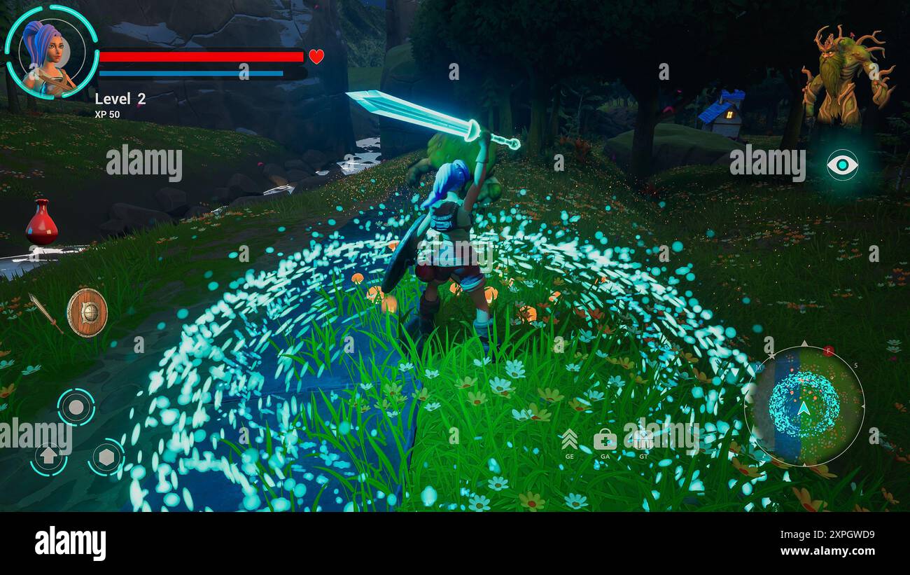 Night Video Game Mock-up: Playable Character in Videogame World. 3D ...