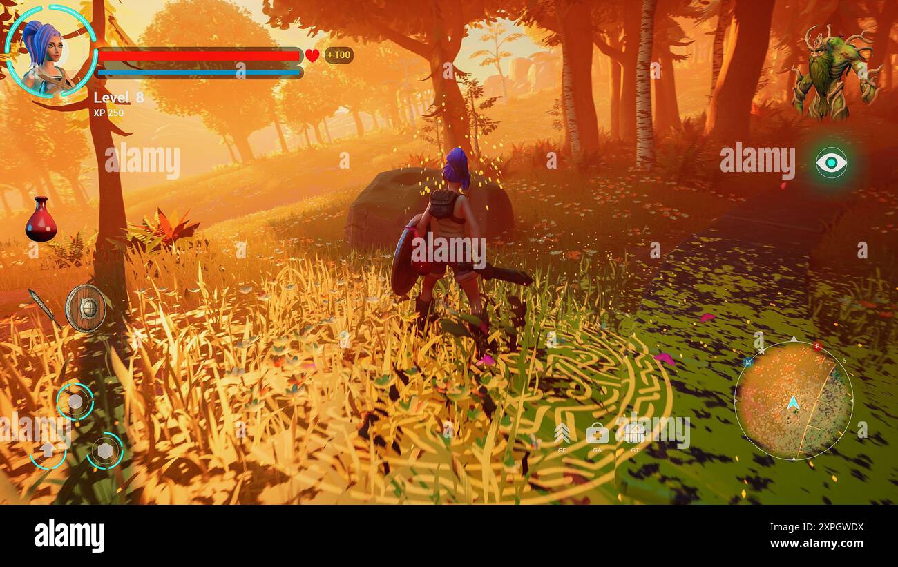 Video Game Mock-up Screen with Beautiful Sunset Scenery. Gameplay of 3D Fantasy Adventure RPG ...