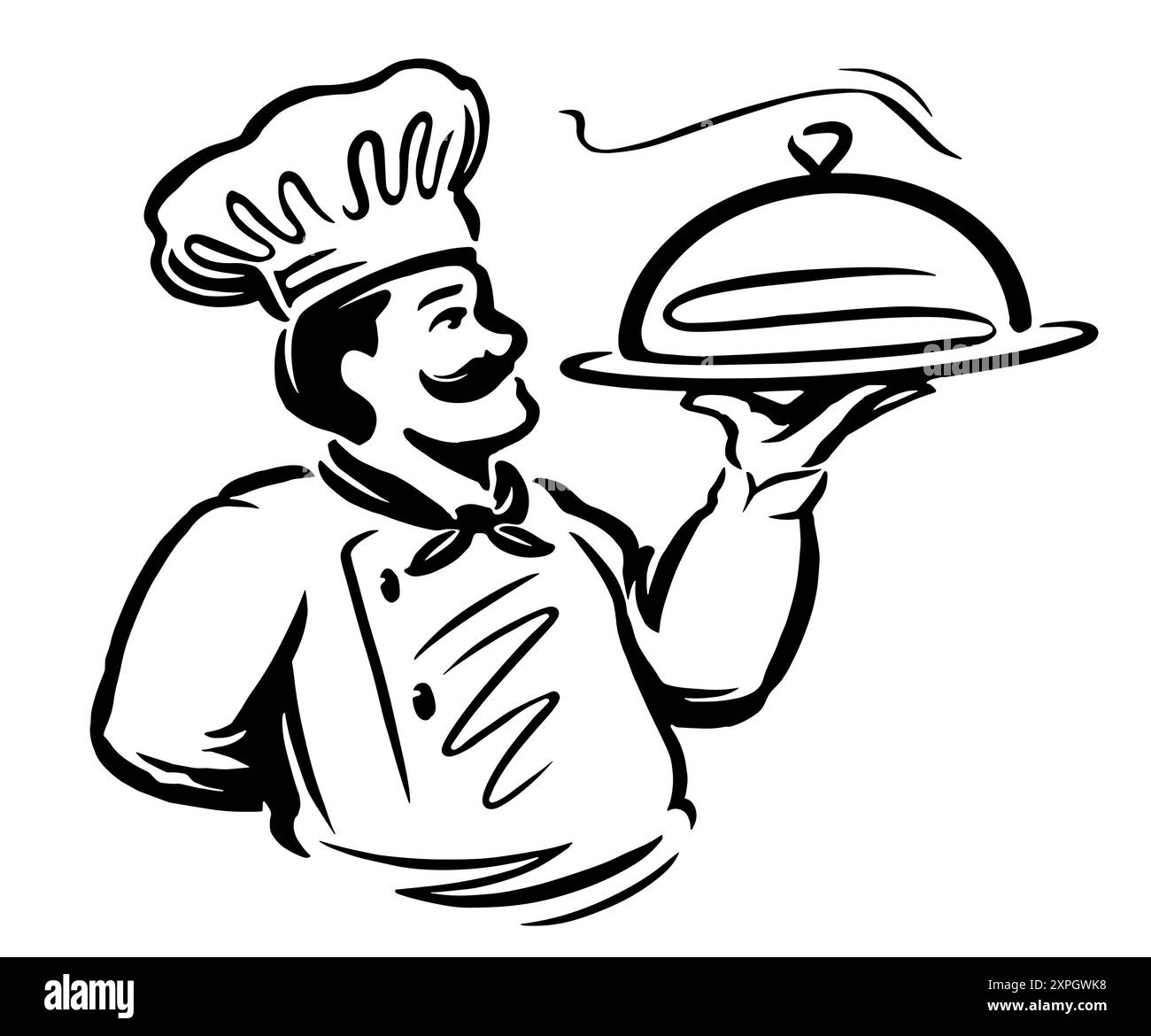 Chef male cook in uniform holding restaurant cloche. Emblem or logo ...