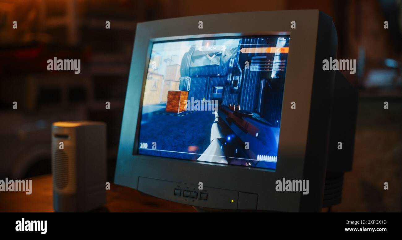 Close Up Of Old Desktop Computer With 3D First-Person Shooter Video ...