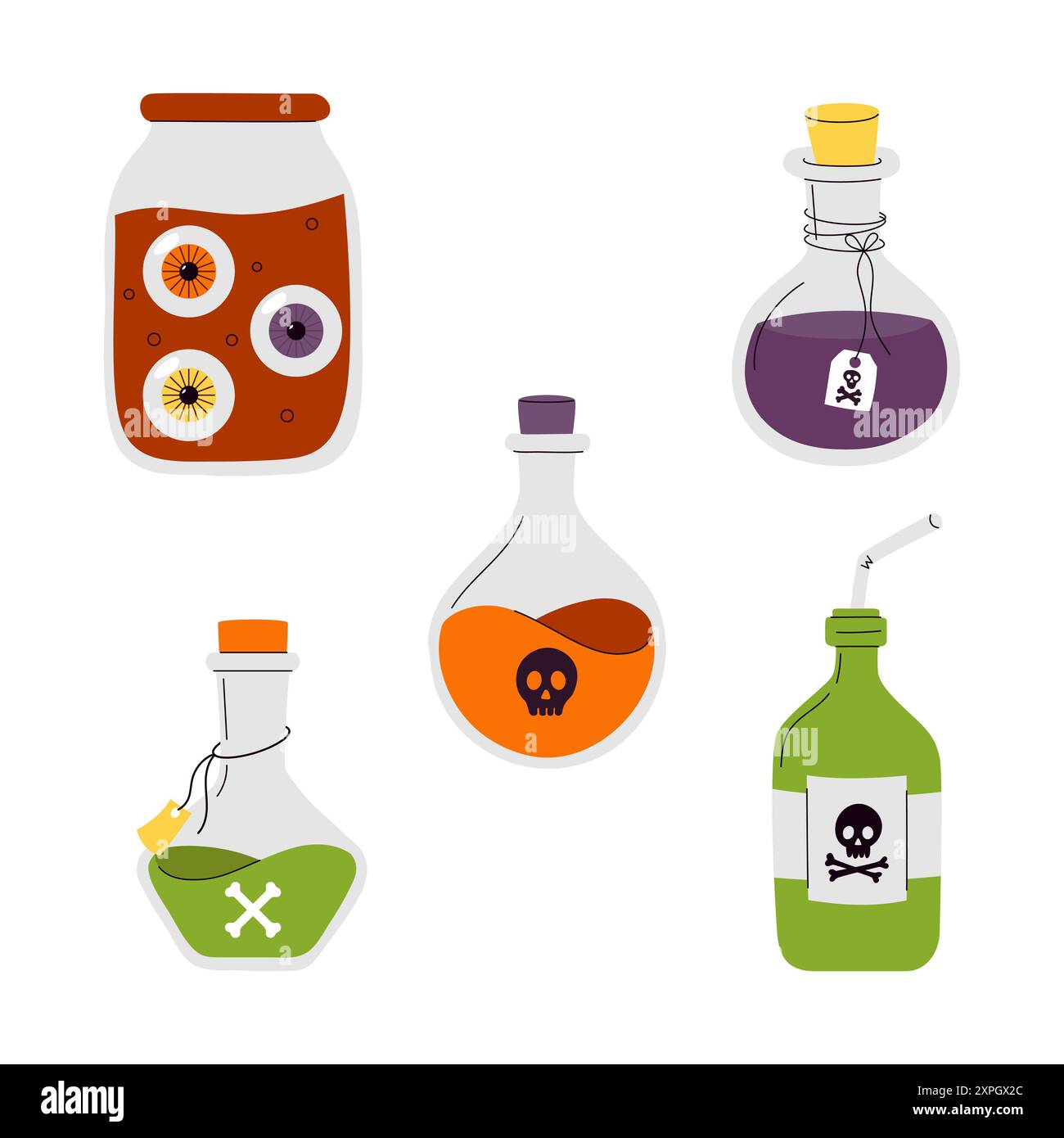 A collection of different bottles with skulls and crossbones on them ...