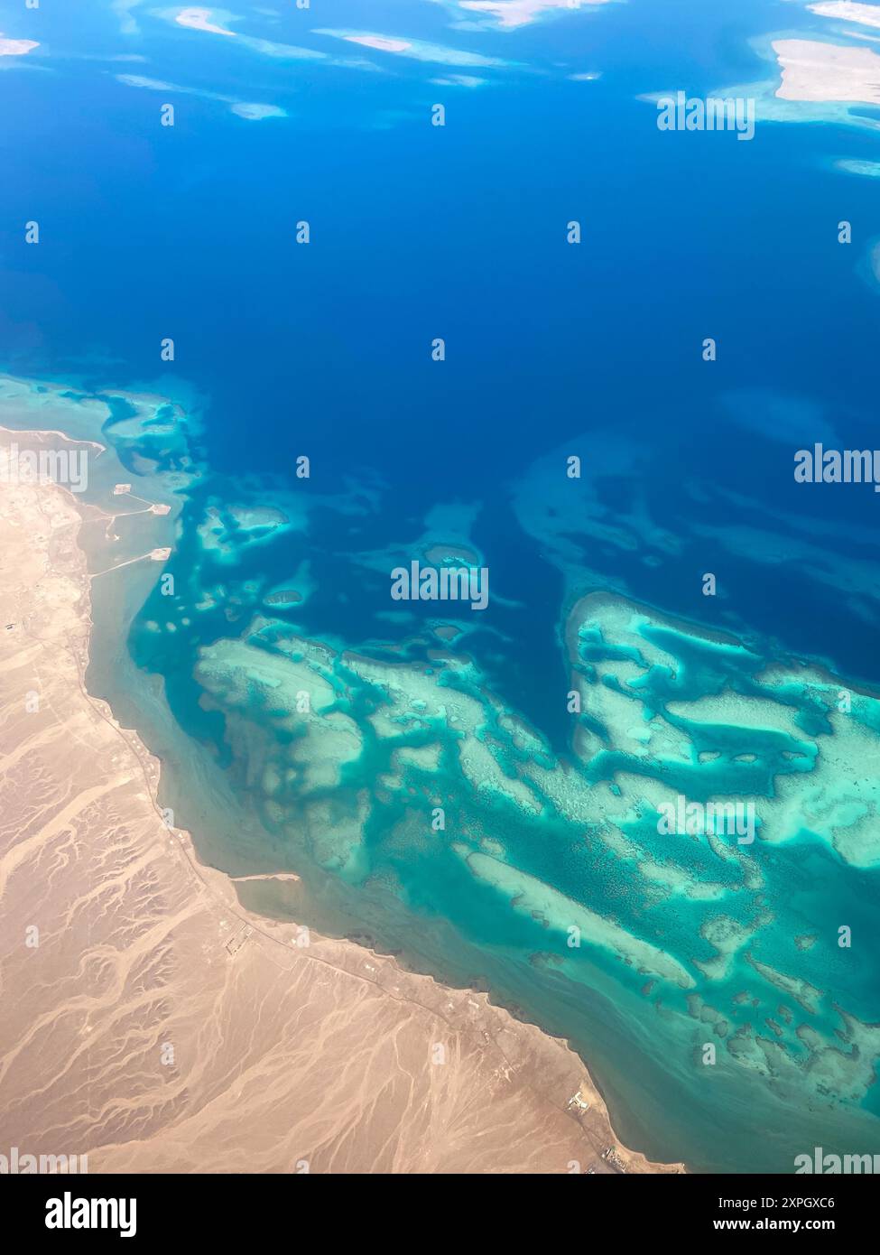 Egypt islands top view from airplane window with airplane's wing Stock ...