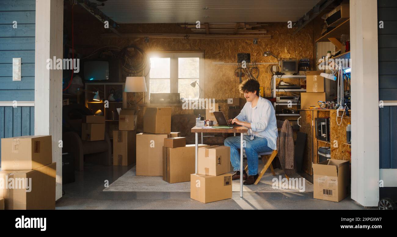 Caucasian Businessman Using Laptop Computer In Garage. Male Small ...