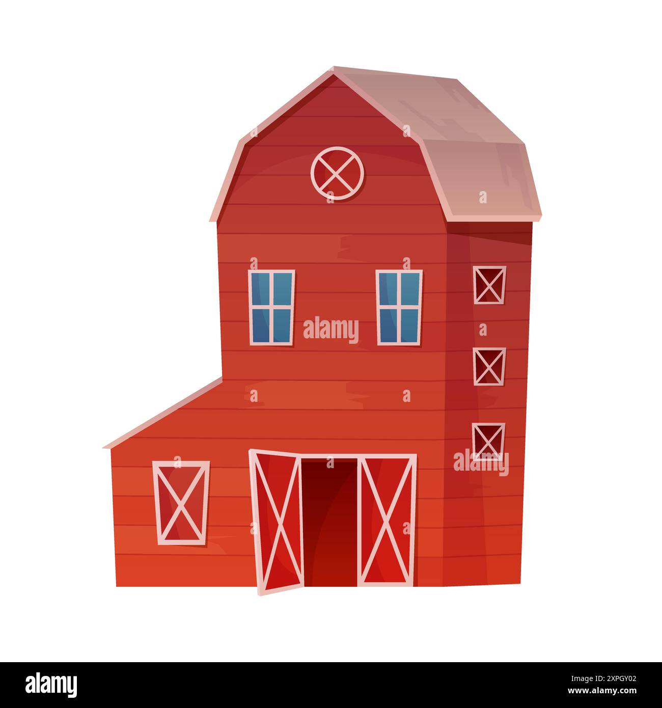 Red farm wooden barn with open door, hay and silo storage building ...