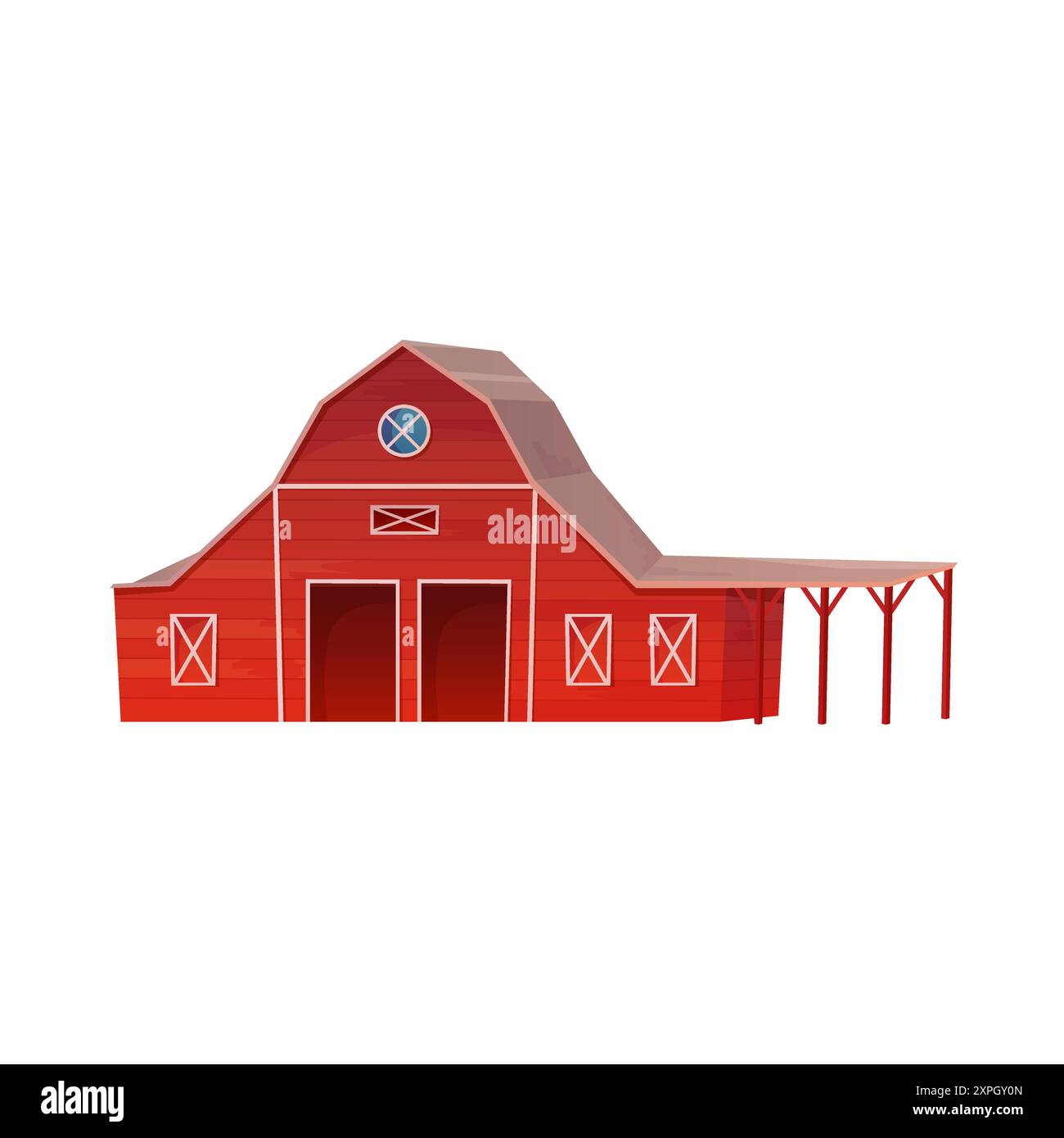 Red barn with wooden plank deck, rustic stables or chicken coop vector ...