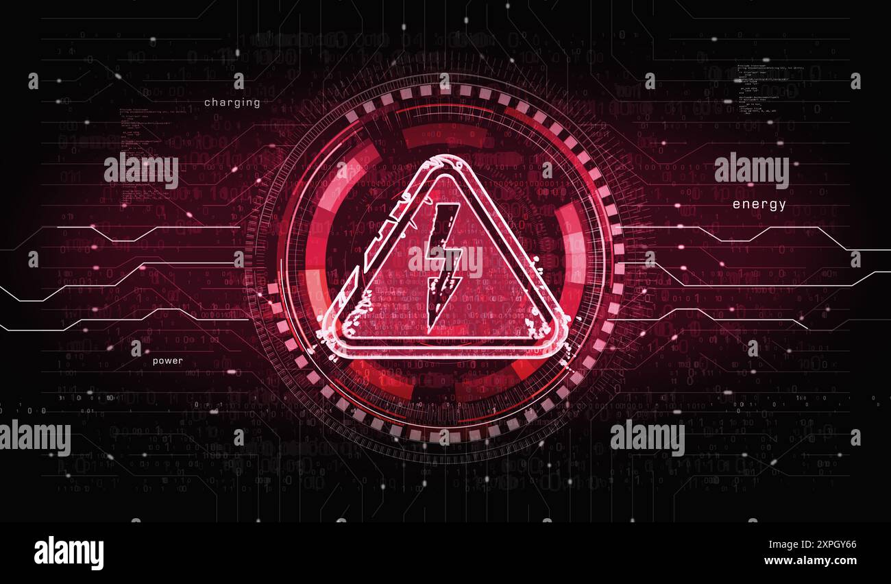 Electric power danger warning and energy symbol digital concept. Network, cyber technology and ...