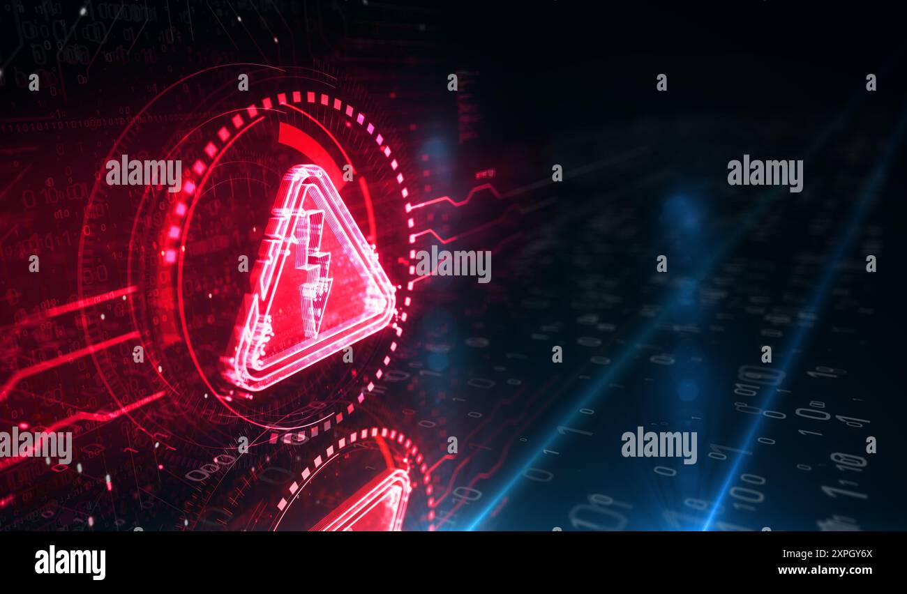 Electric power danger warning and energy symbol digital concept. Network, cyber technology and ...