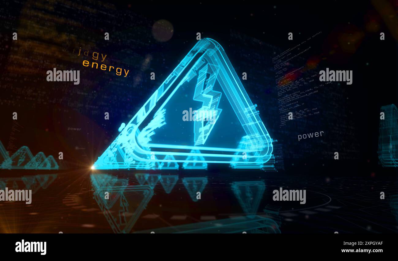 Electric power danger warning and energy symbol digital concept ...