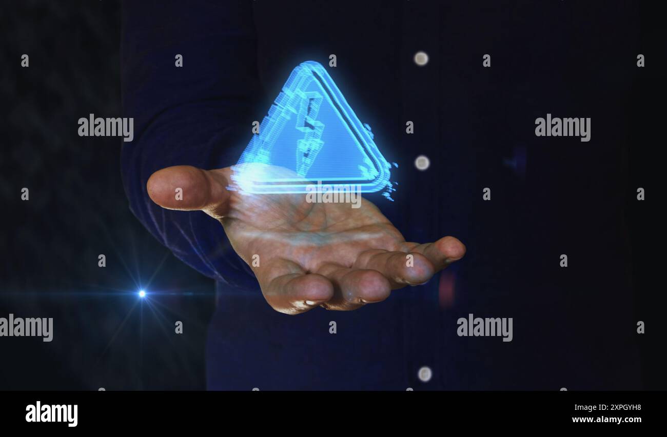Electric power danger warning and energy 3d symbol over man hand. Cyber ...