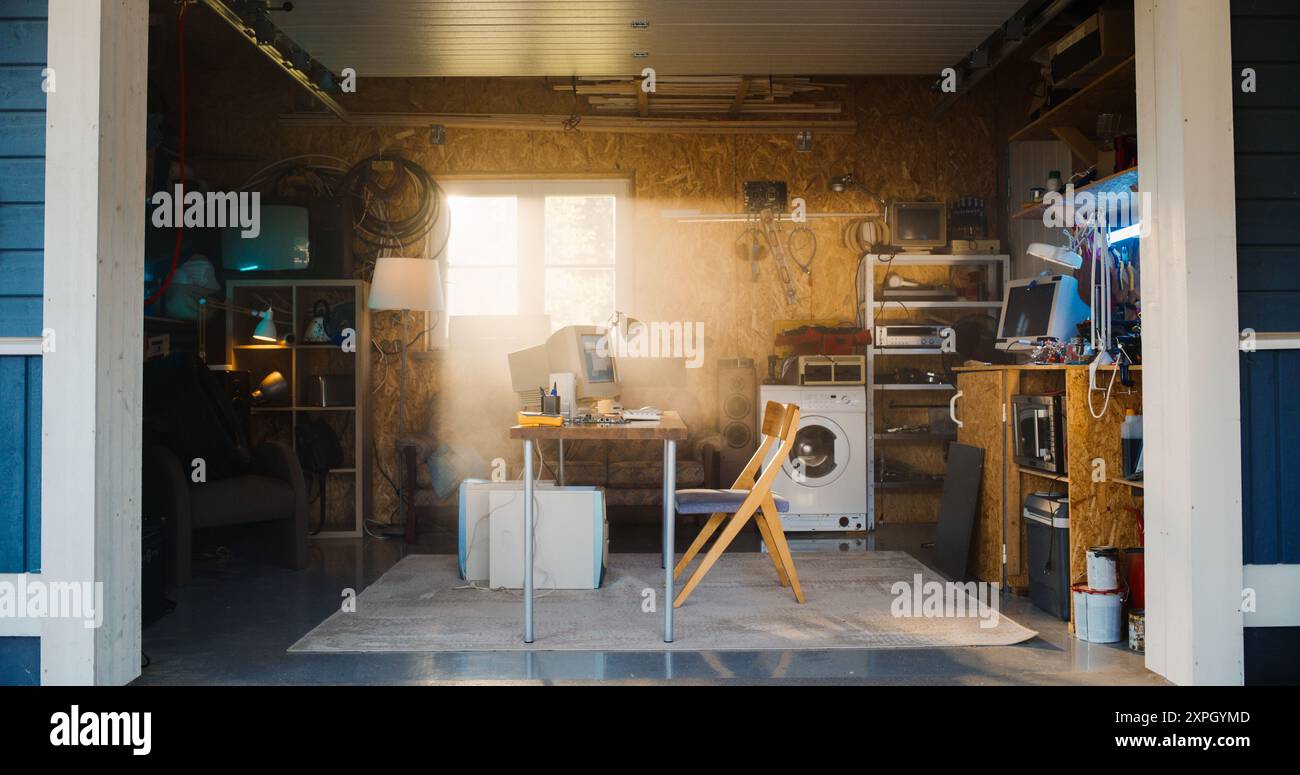 Establishing Shot Of Empty Workplace With Old Desktop Computer In Retro ...