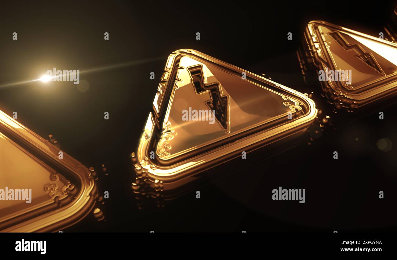 Electric power danger warning and energy golden metal shine symbol ...