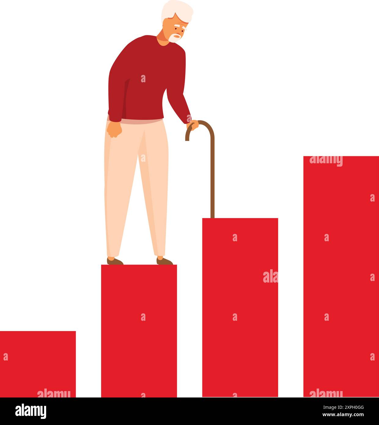 Senior man with walking stick climbing growing chart bars, concept of ...