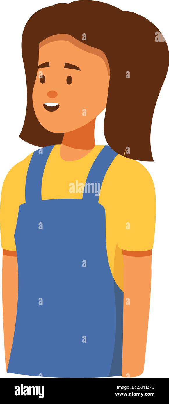 Cartoon illustration of a happy young woman wearing blue overalls and a ...