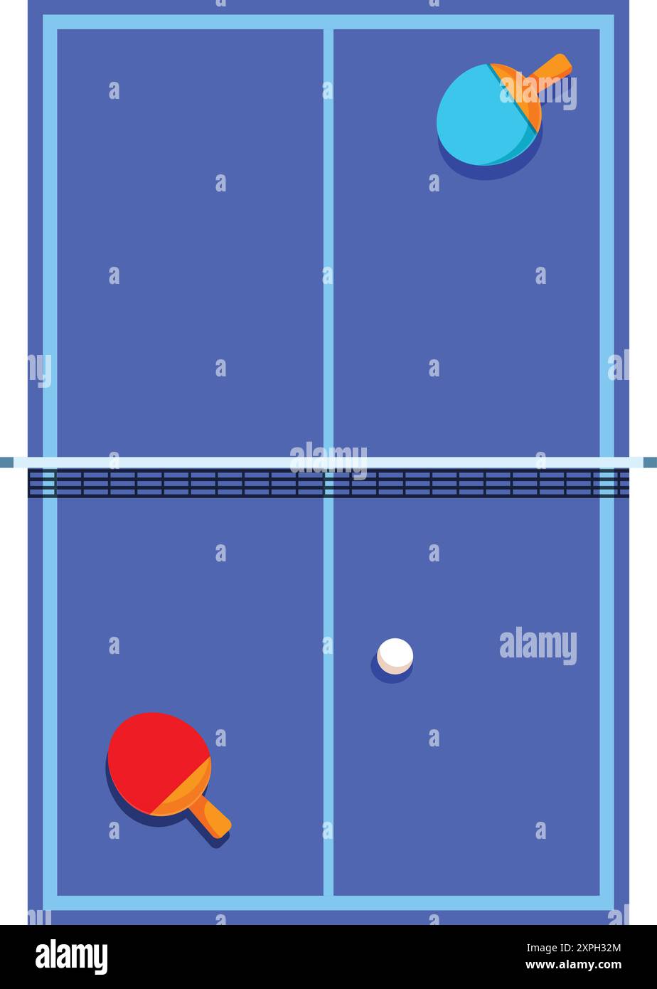 Blue ping pong table tennis court is displaying paddles and ball lying ...