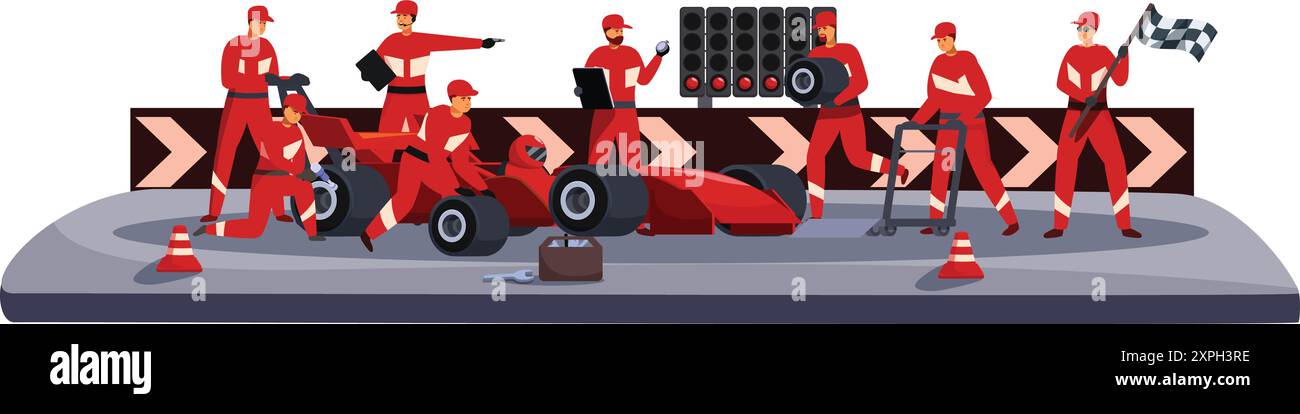 Pit crew working on a red race car during a pit stop Stock Vector Image ...