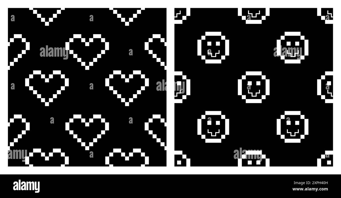 Pixel Y2k retro seamless pattern set. 90s trendy playful art. Hearts ...