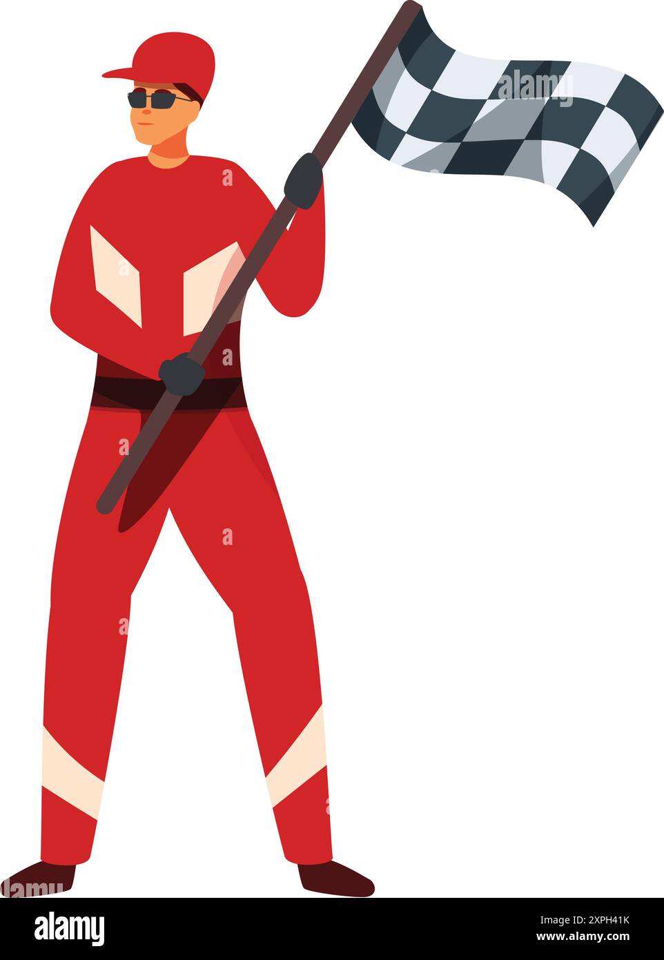 Race official in red uniform and cap holding checkered flag, celebrating victory, motorsport ...