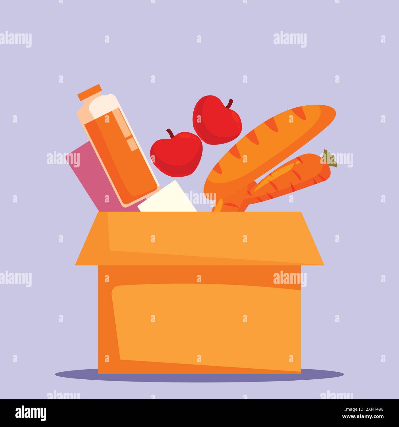 Cardboard box full of groceries like apples, carrots, bread and juice ...