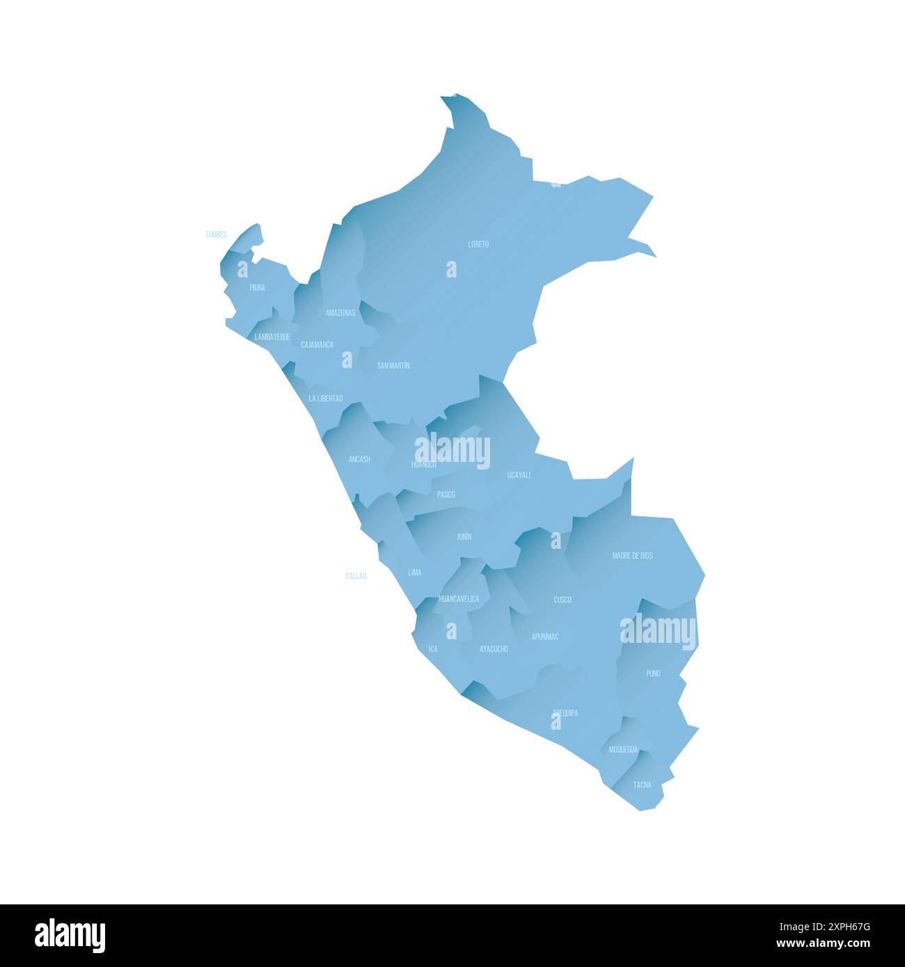 Peru political map of administrative divisions - departments. Shaded vector map with 3D-like ...