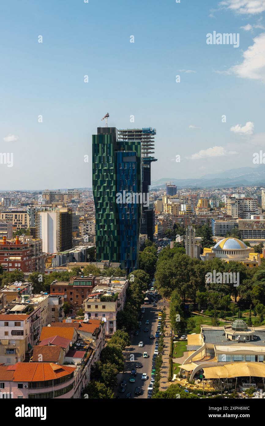 View over the capital city of Tirana with its colourful suburbs and the ...