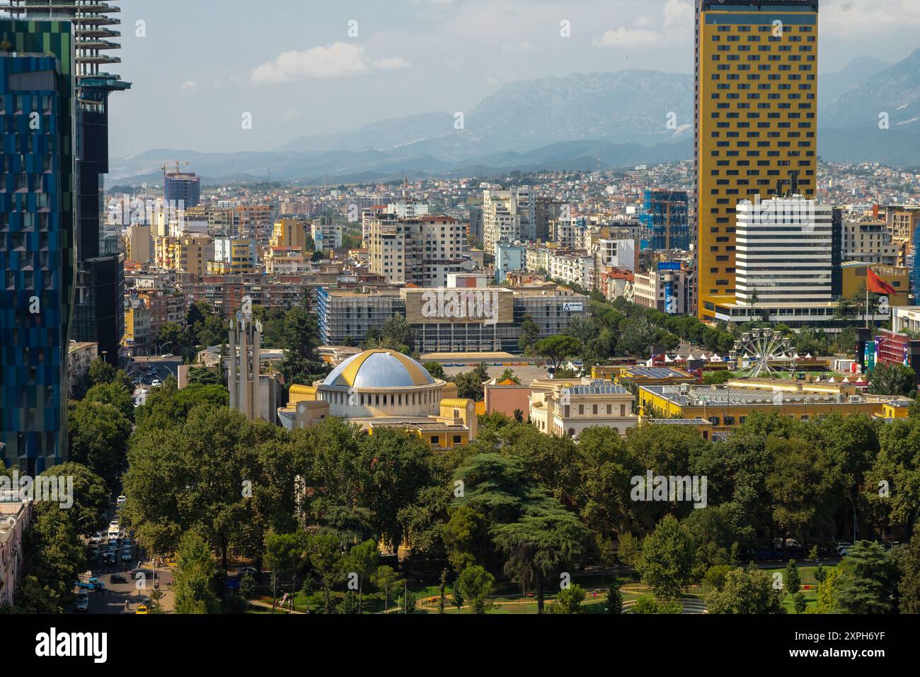 View over the capital city of Tirana with its colourful suburbs and the ...