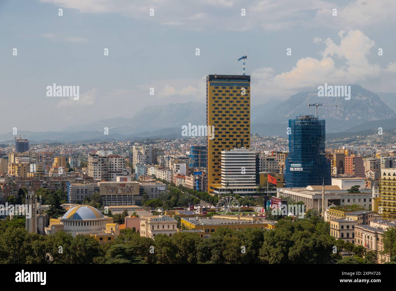 View over the capital city of Tirana with its colourful suburbs and the ...