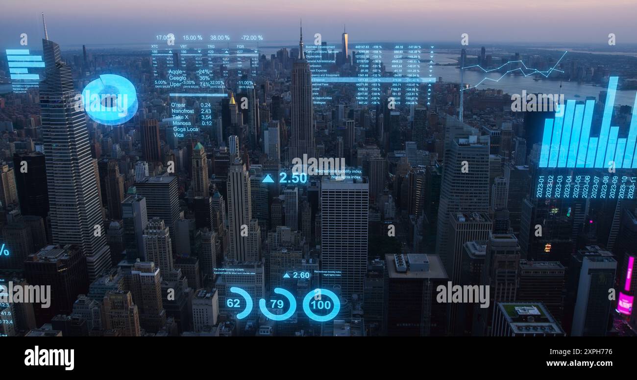 Aerial View of New York City Architecture with Augmented Reality Visualization with Statistics ...