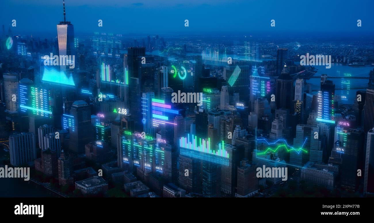 Modern Smart City Concept: Aerial Helicopter Footage of New York City ...
