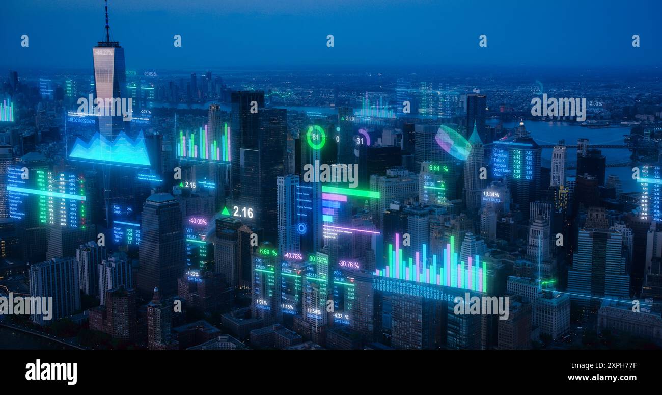 Aerial View of New York City Architecture with Augmented Reality Visualization with Statistics ...