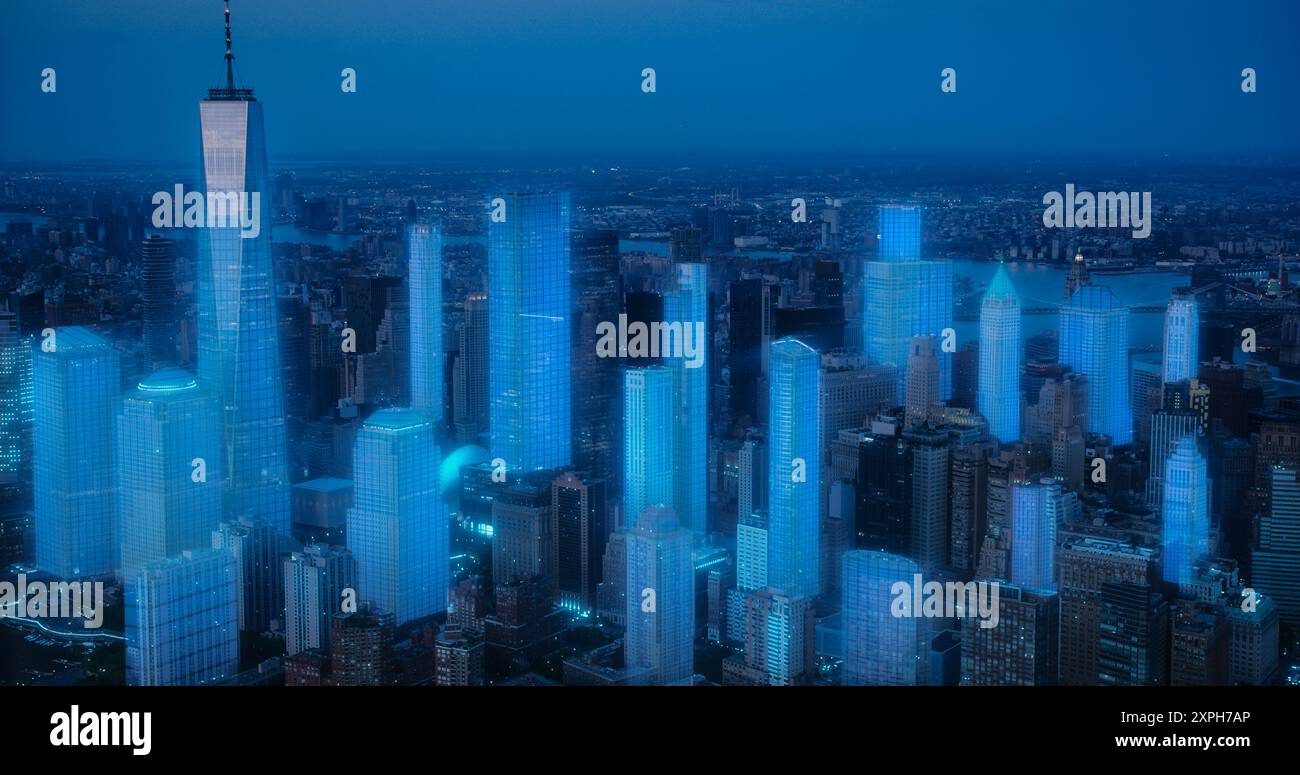 Aerial View of New York City Architecture with Augmented Reality Visualization, Digital ...