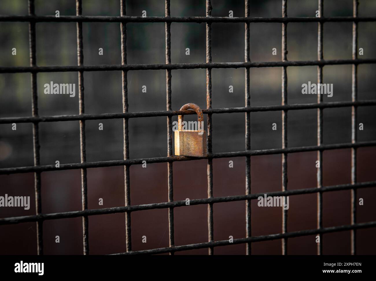 Rusty and aged padlock on a meshed grill from an industrial site ...