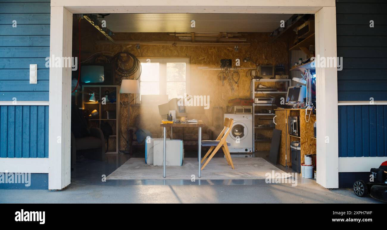 Establishing Shot Of Empty Workplace With Old Desktop Computer In Retro ...