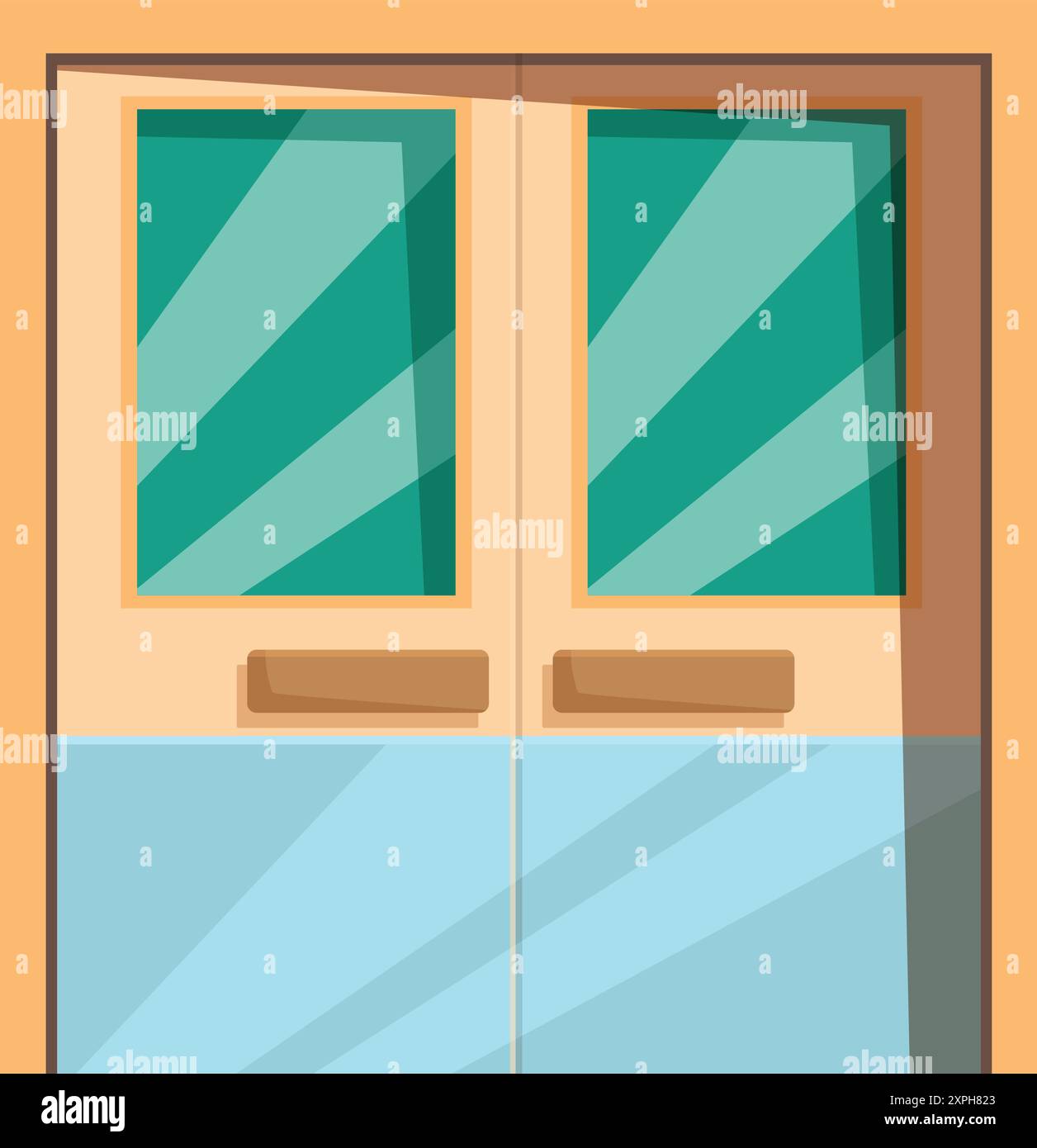 Cartoon style vector illustration of a double door with glass panels ...