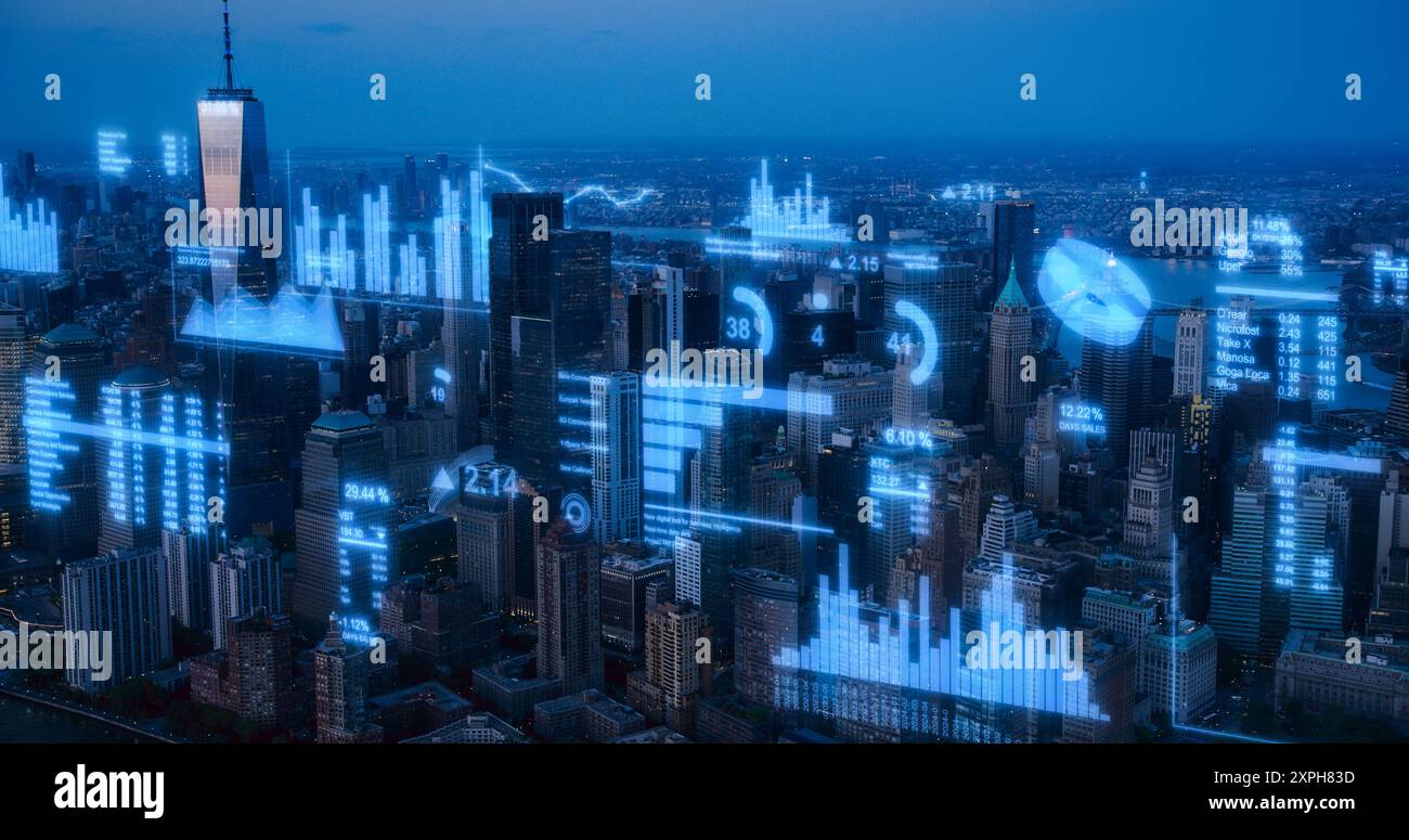 Modern Smart City Concept: Aerial Helicopter Footage of New York City ...