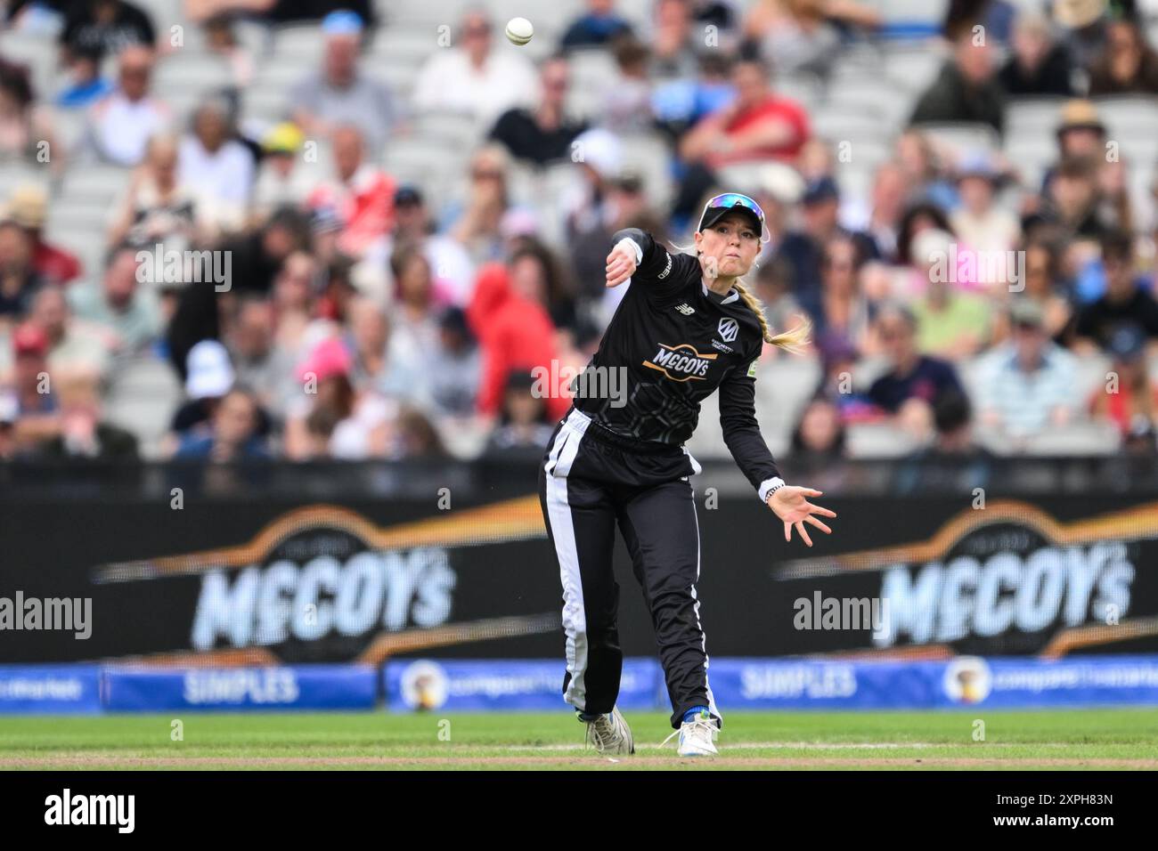 Alice Monaghan of Manchester Orignals throws at the stumps during the ...