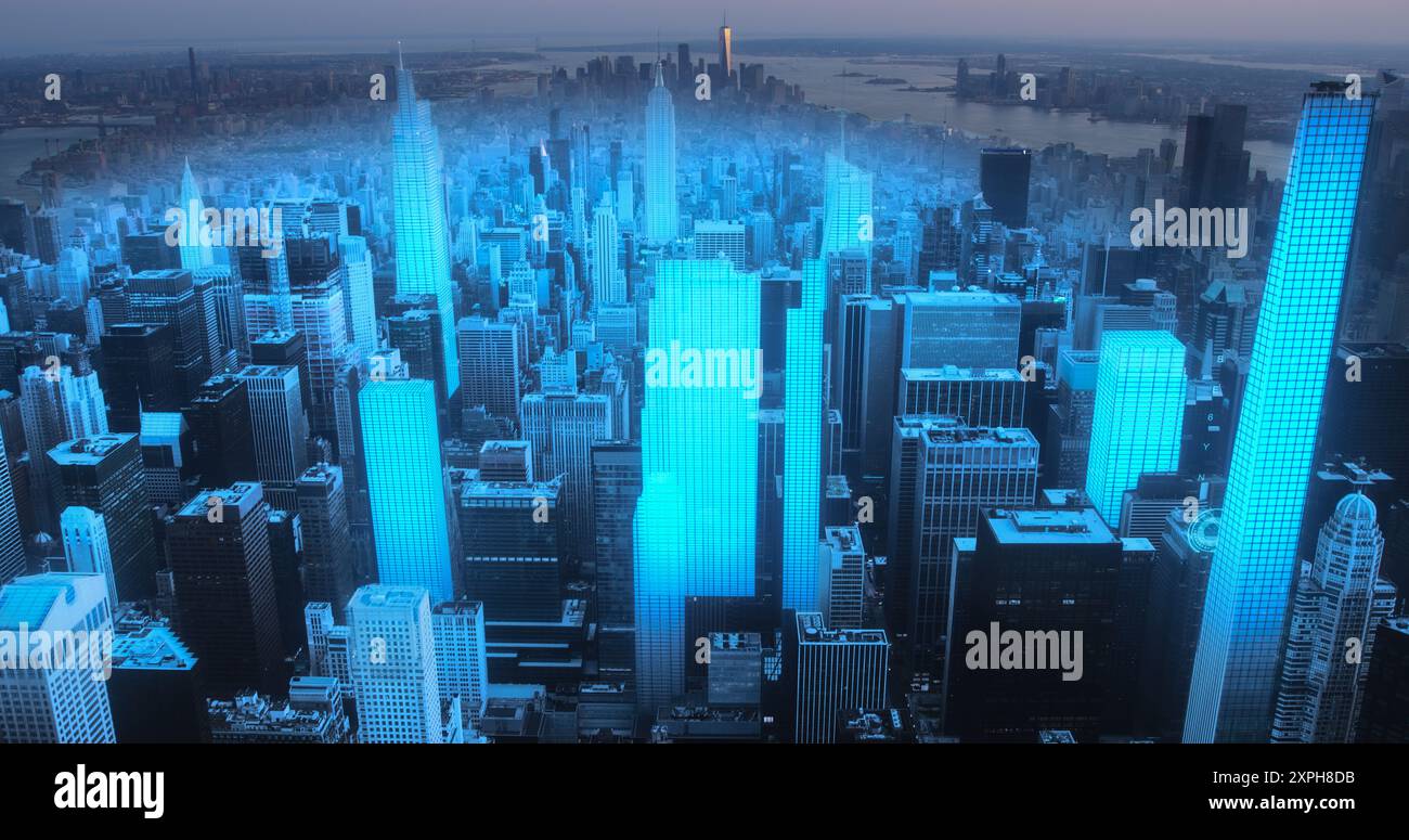 Aerial View of New York City Architecture with Augmented Reality Visualization, Digital ...