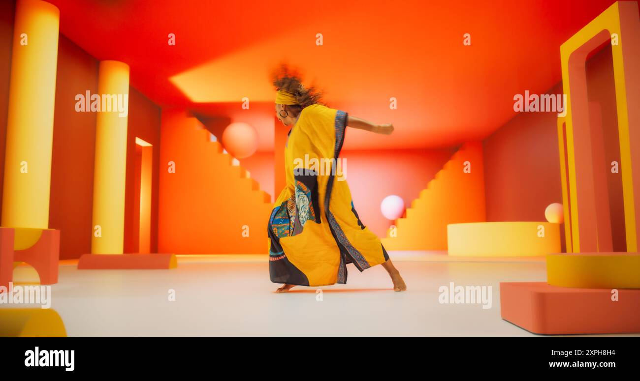 Beautiful Black Woman in African Outfit Dancing Energetically in ...