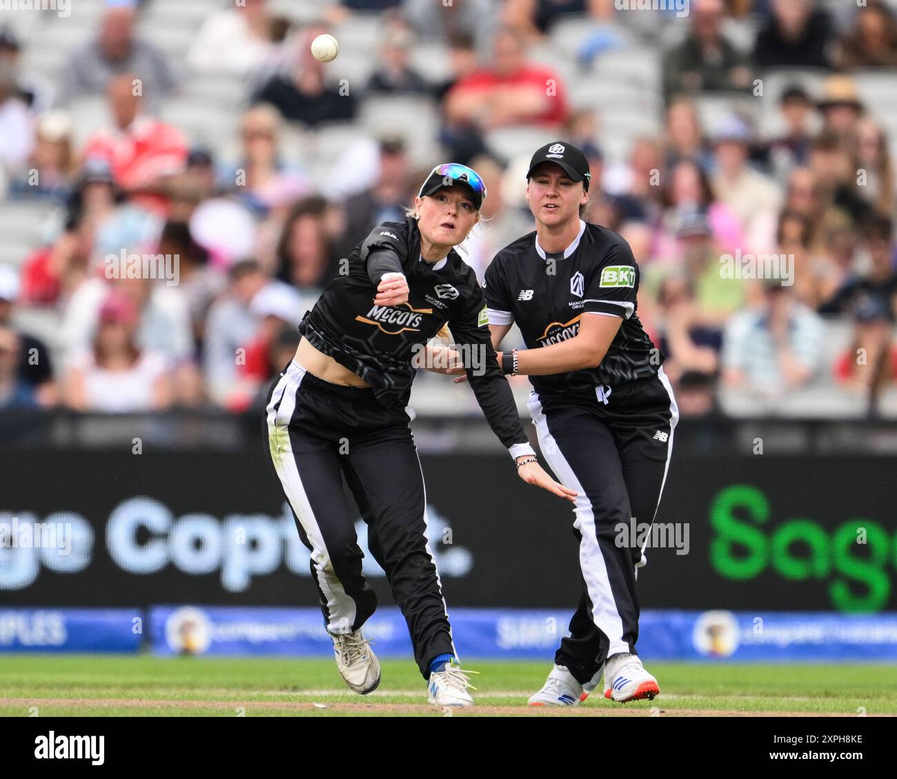 Alice Monaghan of Manchester Orignals throws at the stumps during the ...
