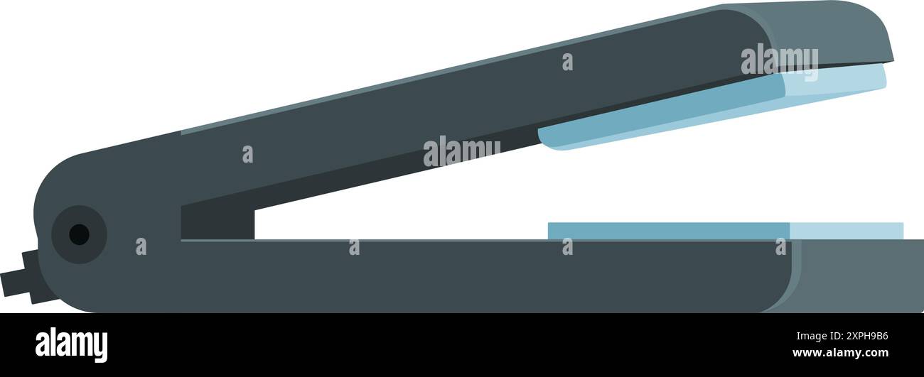 Black stapler fastening paper sheets, side view, isolated on white ...