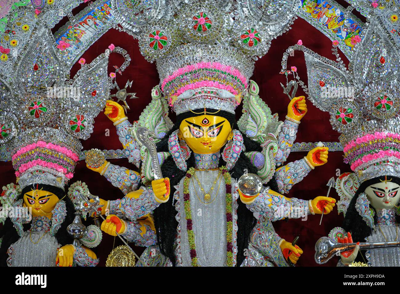 Idol of Goddess Devi Durga at a decorated puja pandal in Kolkata, West ...