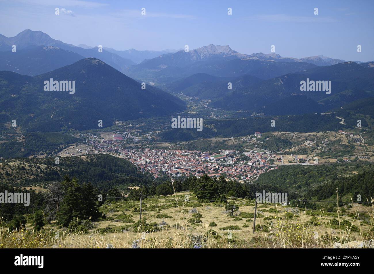 Landscape with panoramic view of Karpenisi, a traditional rural town ...