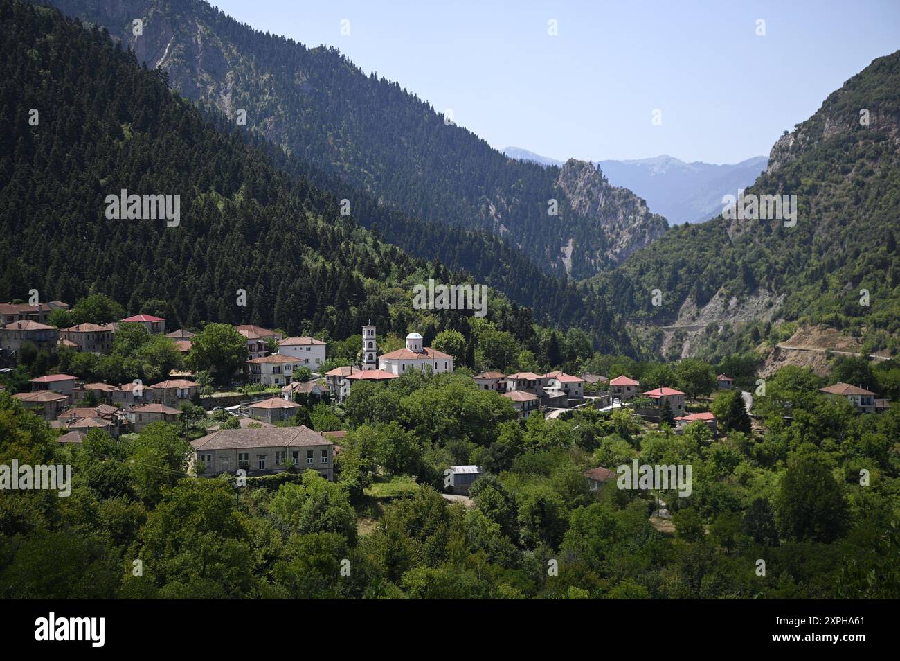 Landscape with scenic view of Megalo Chorio a traditional rural village ...