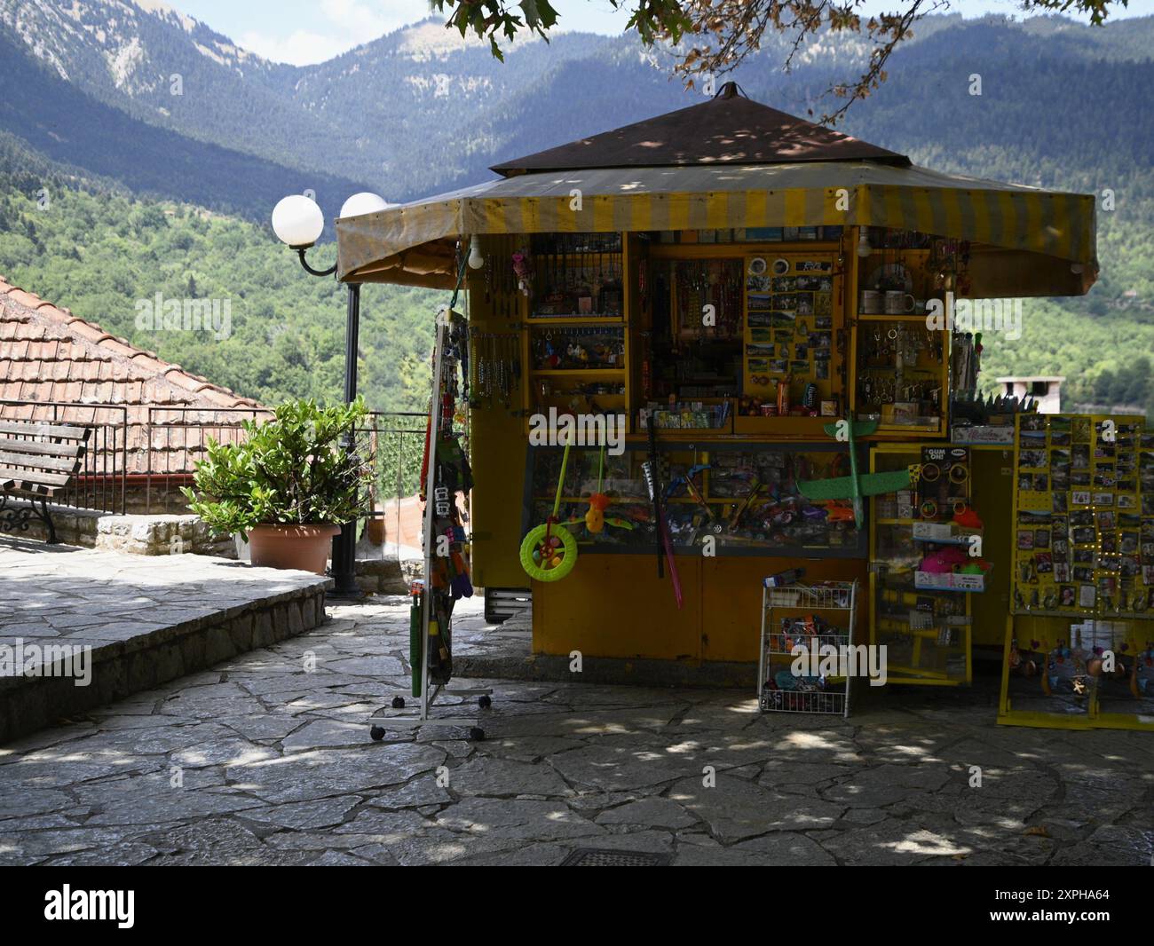 Traditional Greek wooden kiosk on the main square of Megalo Chorio in ...